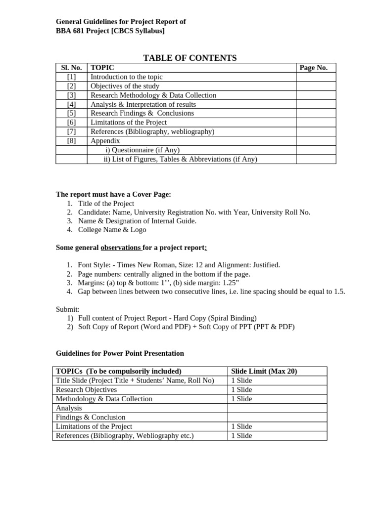 BBA Project Report & PPT Guidelines | PDF