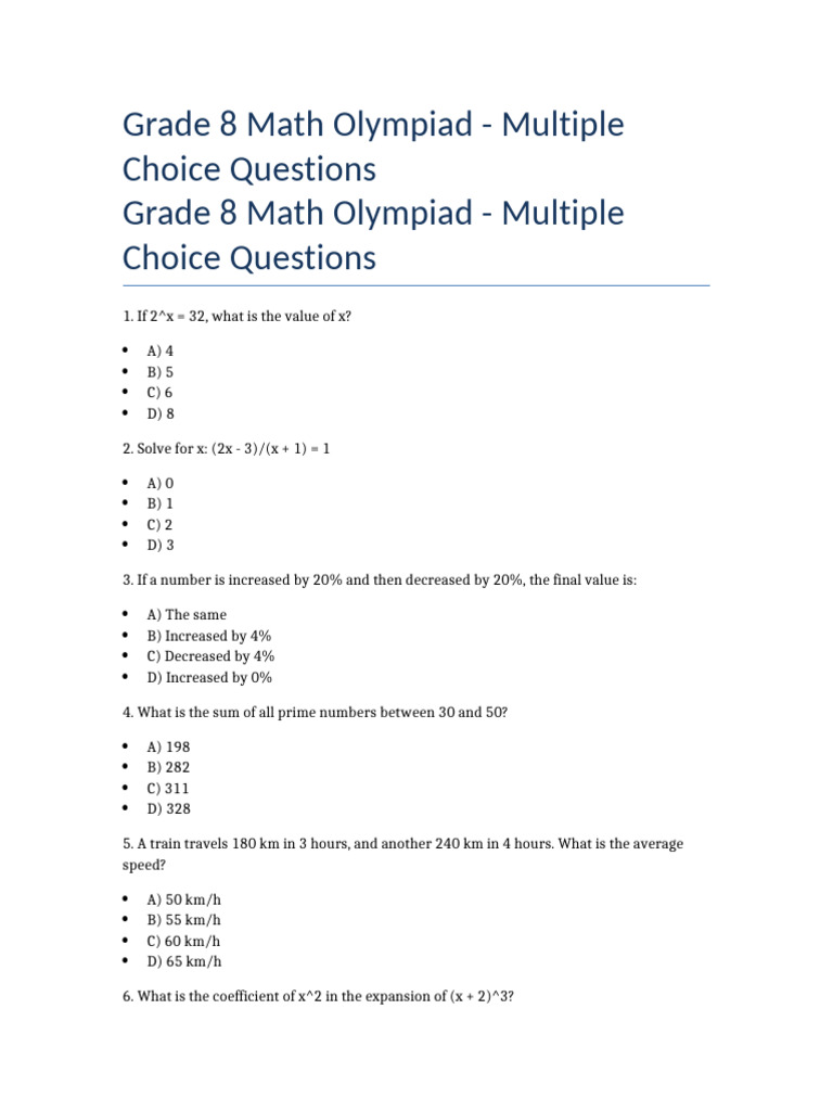 Grade 8 Math Olympiad Questions With Answer Key | PDF | Euclidean ...