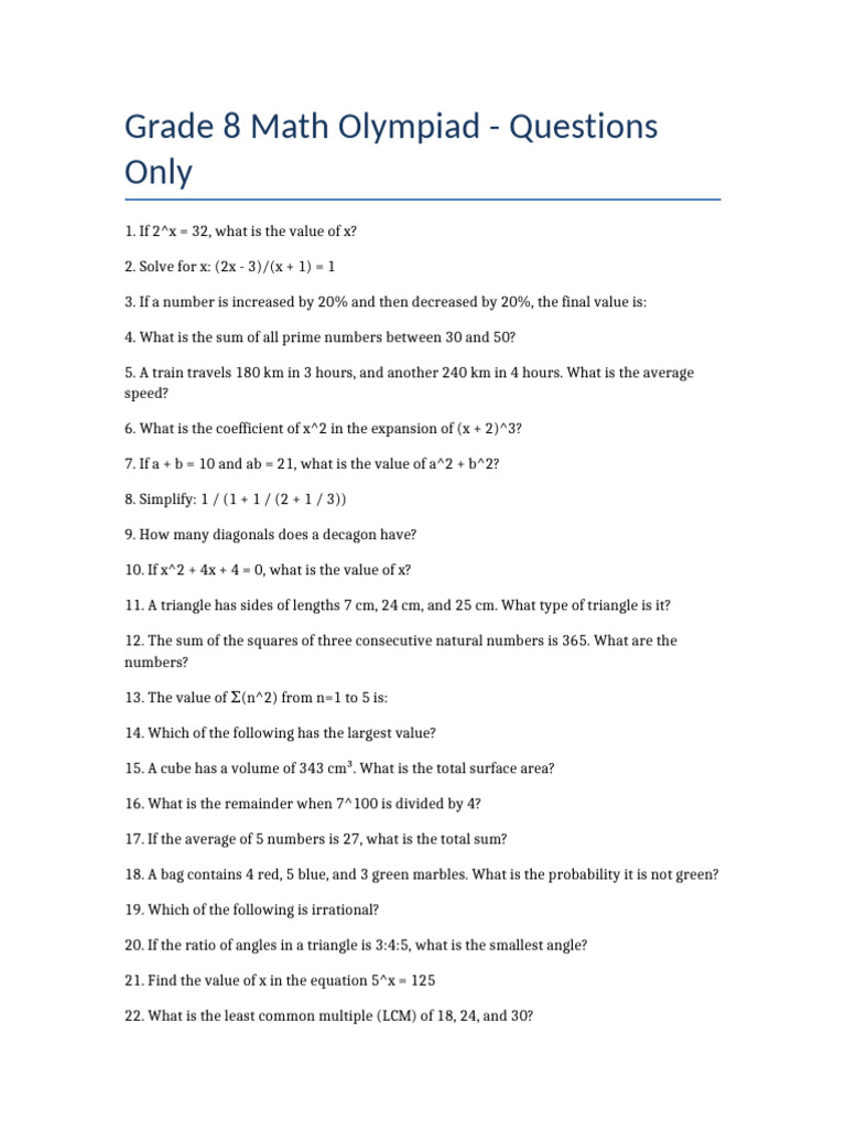 Grade 8 Math Olympiad Questions Only | PDF