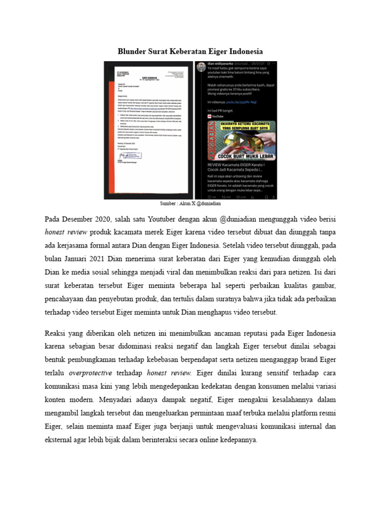 Blunder Surat Keberatan Eiger Indonesia | PDF