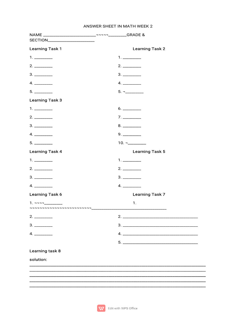 Math Week 2 Answer Sheet Template | PDF