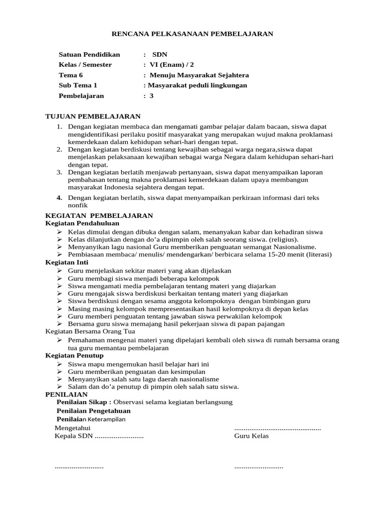 RPP 1 Lembar Kelas 6 Tema 6 Subtema 1 Pembelajaran 3 | PDF