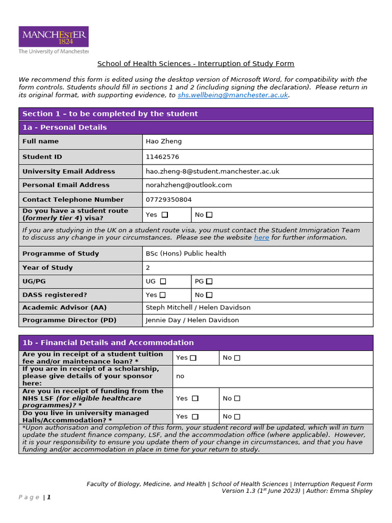 HZ Interruption Request Form | PDF | Mental Health | Psychology