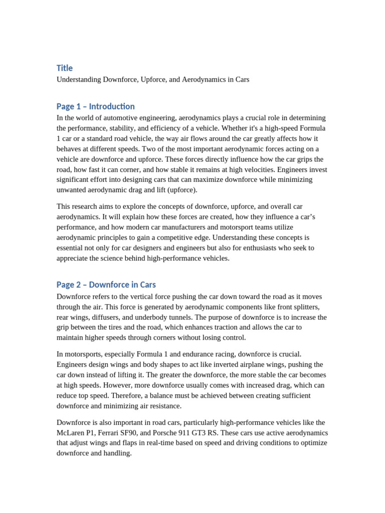 Downforce and Aerodynamics in Cars | PDF | Automotive Technologies ...