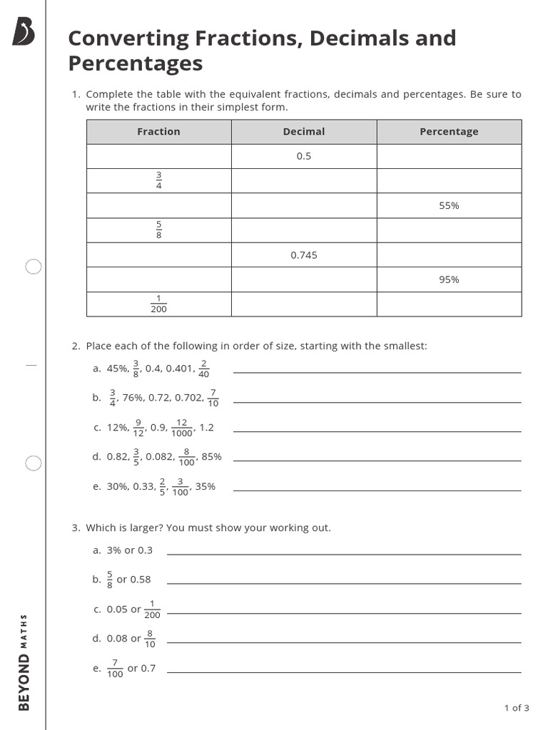 Converting Fractions, Decimals and Percentages | PDF | Decimal ...
