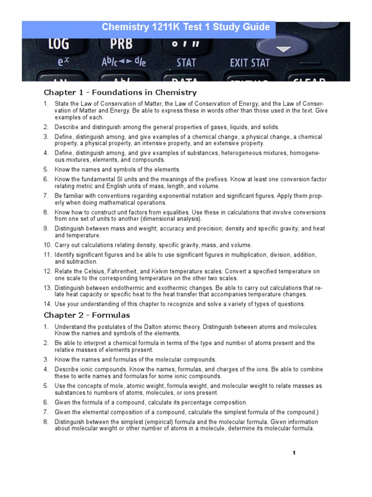 Chemistry 1211K Test 1 Study Guide | PDF | Molecules | Chemical Compounds