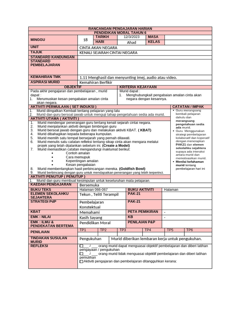 RPH Minggu 18 Pendidikan Moral THN 6 2023 by Cikgu Gorgeous | PDF