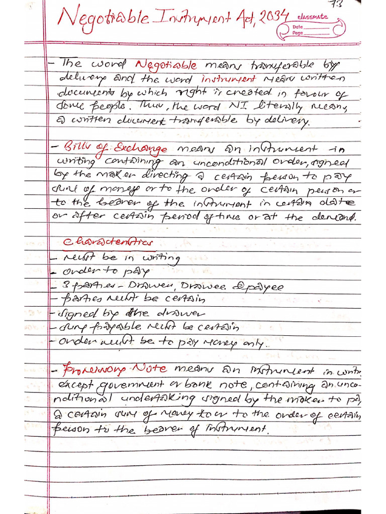 Negotiable Instruments Act Summary | PDF