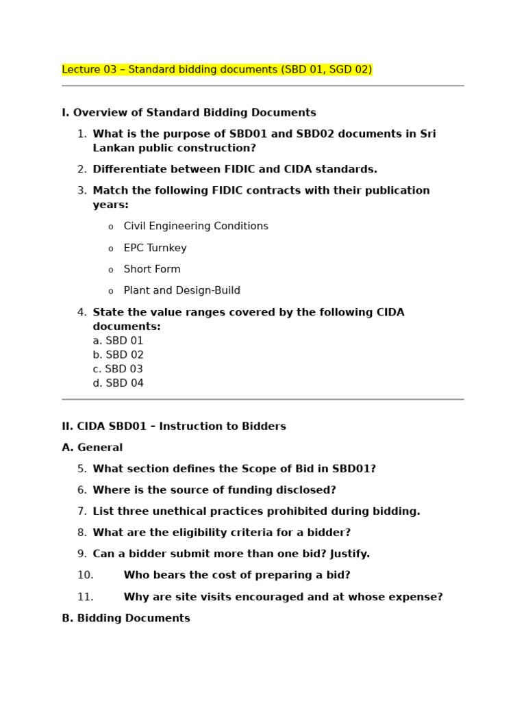 Lecture 03 - Standard Bidding Documents (SBD 01, SGD 02) | PDF | Business