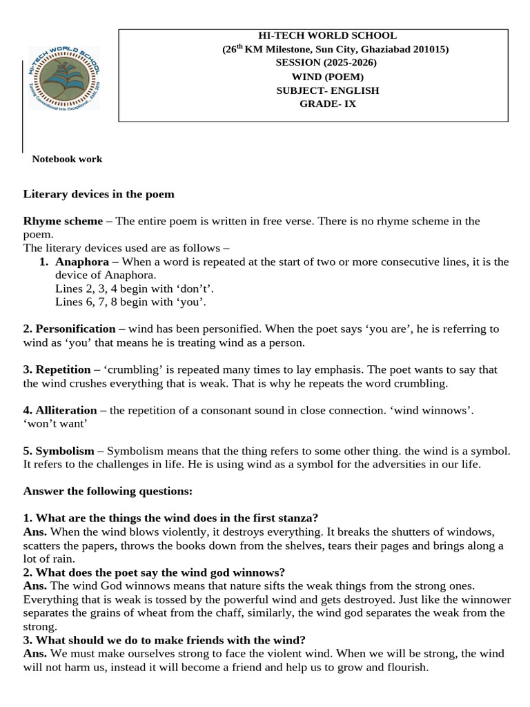 Class 9 Wind Lesson Notes | PDF | Poetry | Poetics