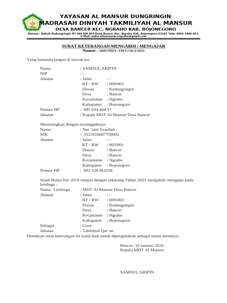 Surat Keterangan Mengabdi | PDF