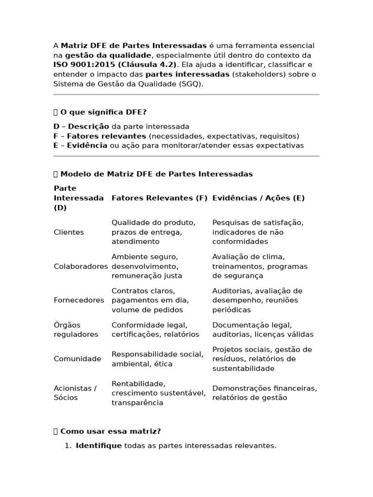 Matriz DFE de Partes Interessadas | PDF