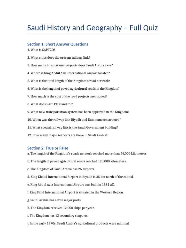 Saudi History Geography Complete Quiz | PDF