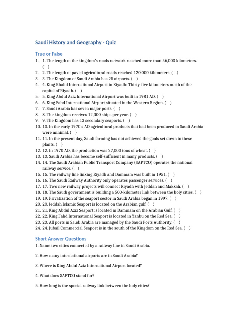 Saudi History Geography Quiz | PDF