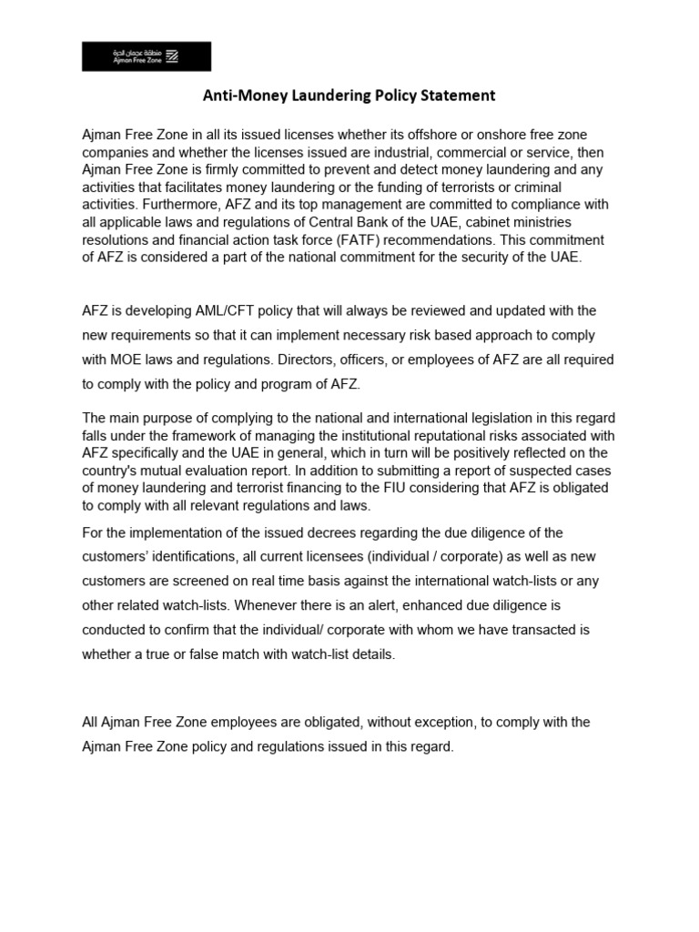 Ajman Freezone Aml Policy | PDF