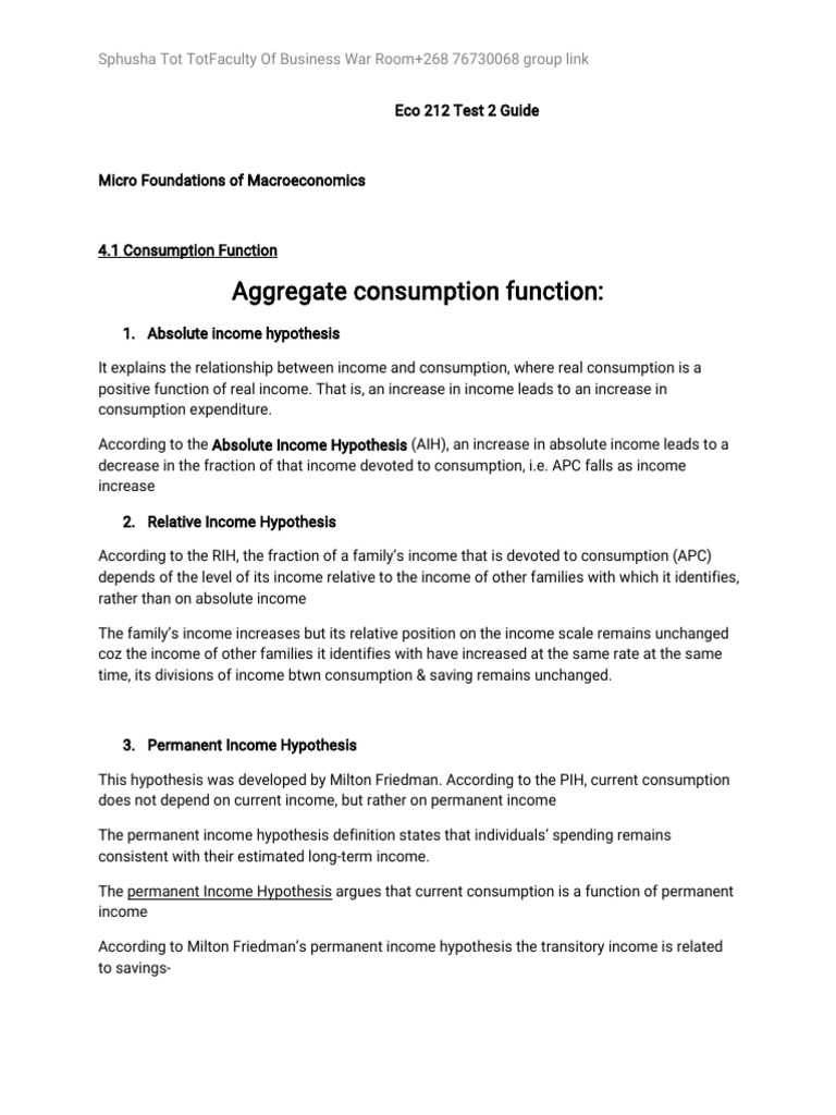 Eco 212 Test 2 Consumption Theory Tot Tot | PDF