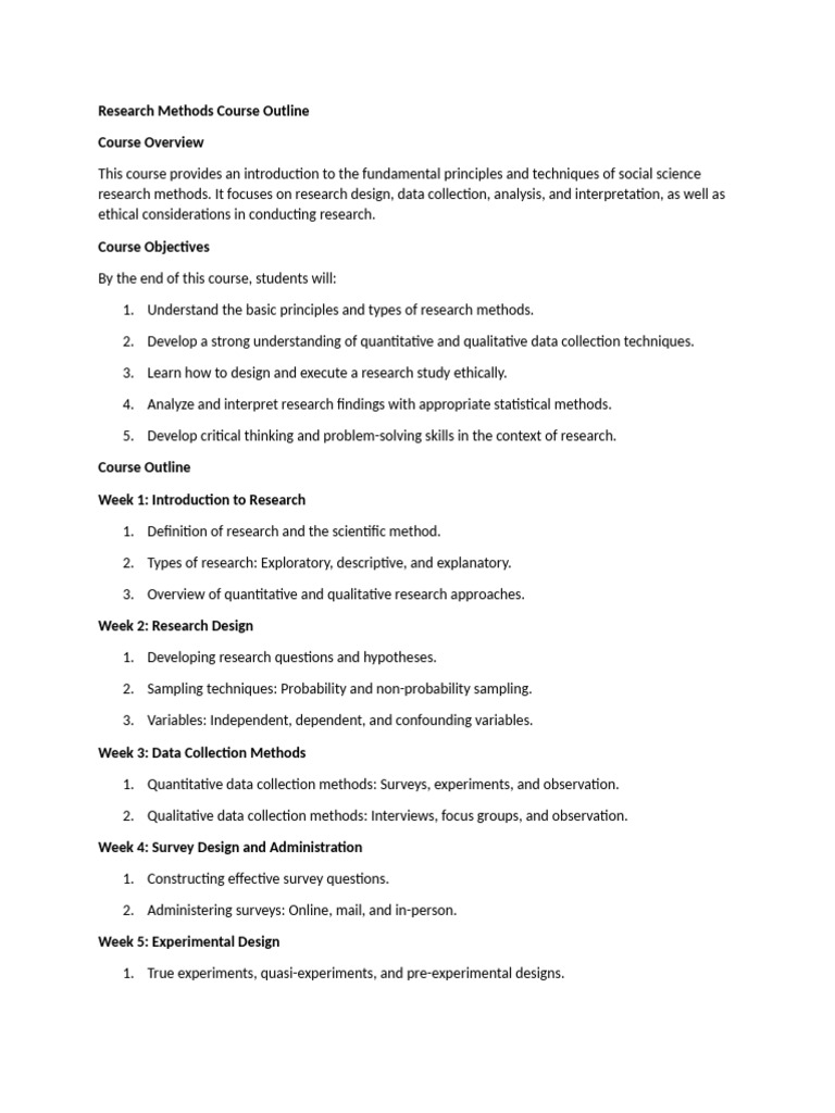 Research Methods Course Outline | PDF | Statistics | Methodology
