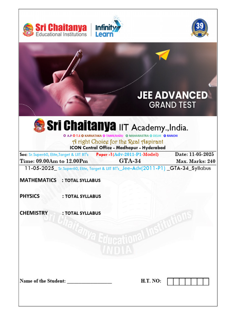 11-05-2025 - SR - Super60, Elite, Target & LIIT BT's - Jee-Adv (2011-P1) - GTA-34 - Q.Paper ...