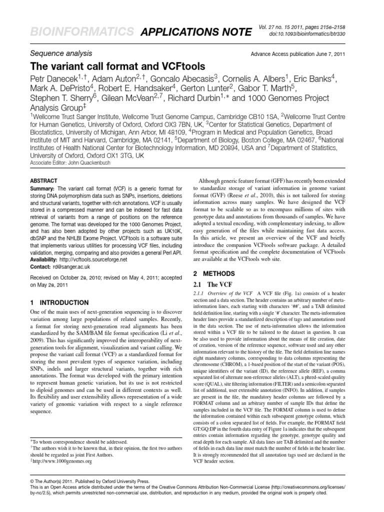 The Variant Call Format and VCFtools | PDF | Genotype | Single Nucleotide Polymorphism