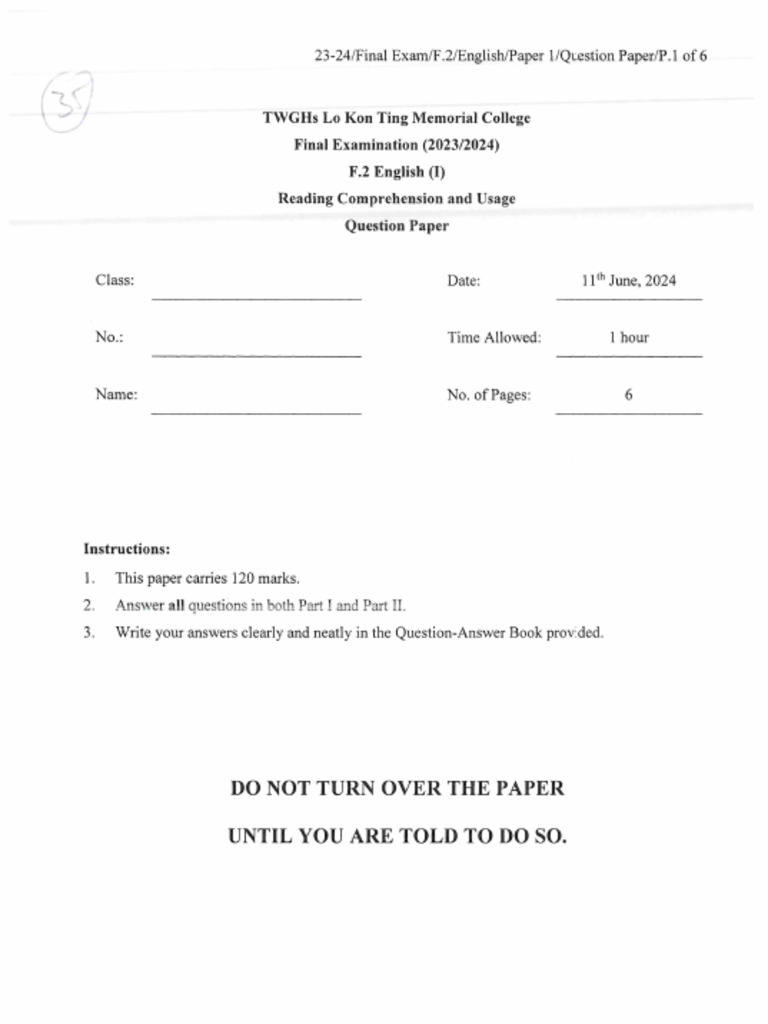 Form 2 English Past Paper1 - Final Exam | PDF