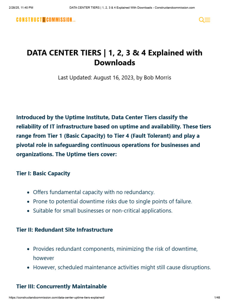 DATA CENTER TIERS _ 1, 2, 3 & 4 Explained With Downloads - Constructandcommission.com | PDF ...