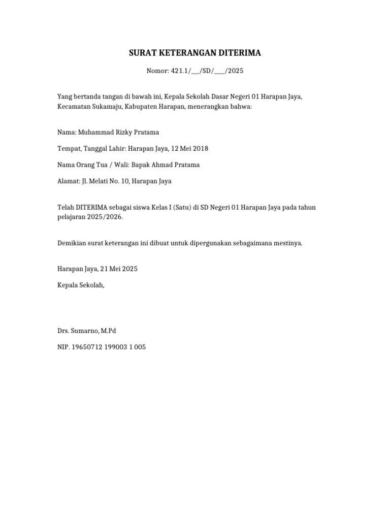 Surat Keterangan Diterima SD | PDF