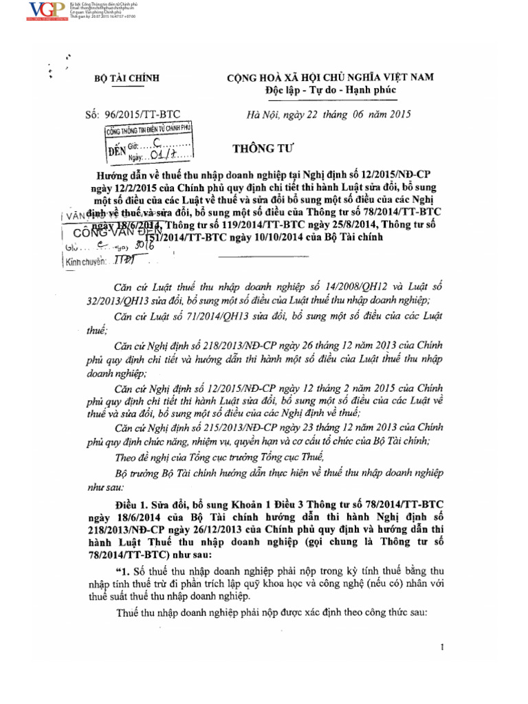 tt96.2015 huong dan ve thue TNDN .signed_01 | PDF
