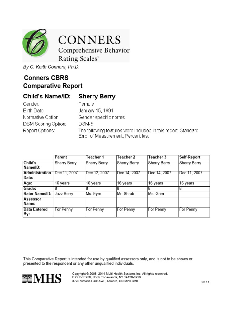 Conners CBRS Comparative Report 2 | PDF | Attention Deficit Hyperactivity Disorder | Mood Disorders