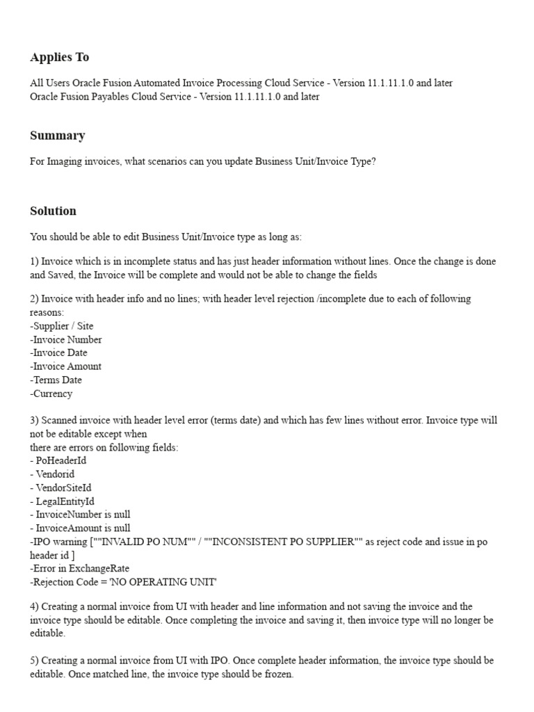 Invoice Type Update Scenarios in Oracle | PDF