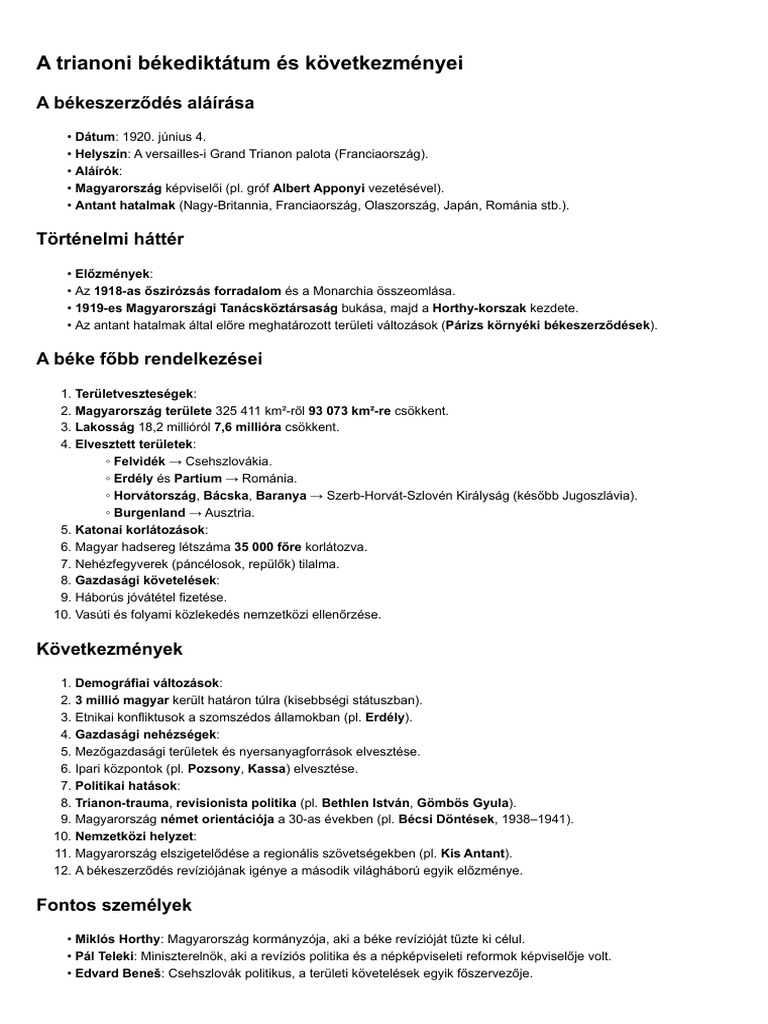 A Trianoni Békediktátum És Következményei | PDF