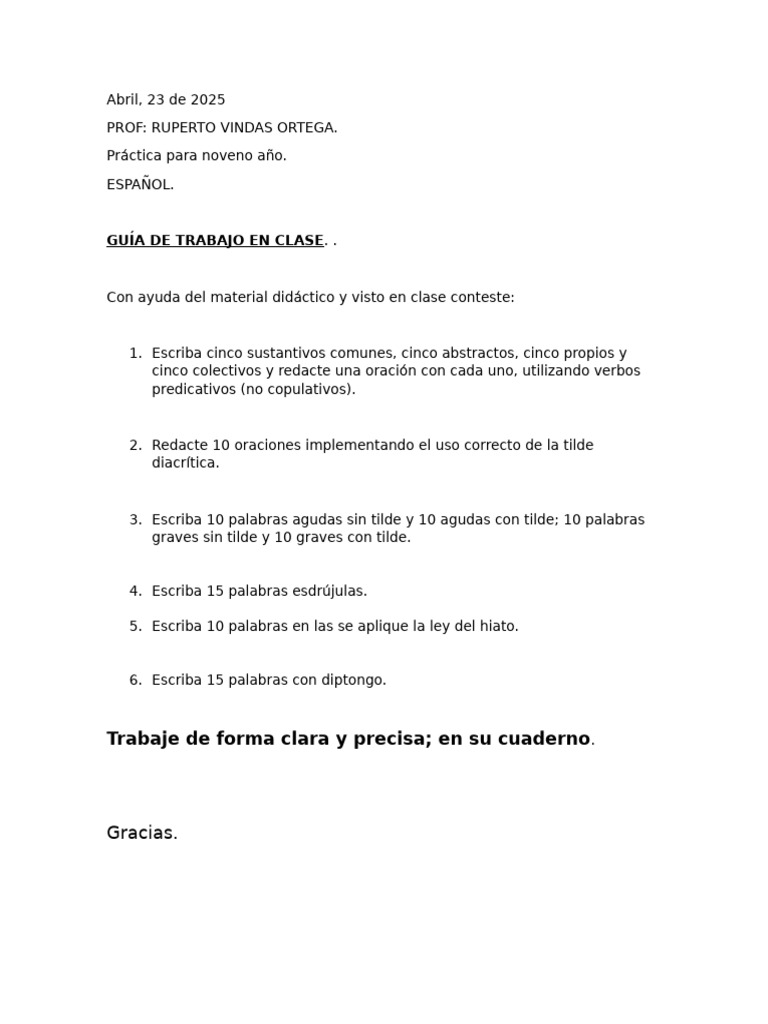 Práctica de Español. 9° | PDF