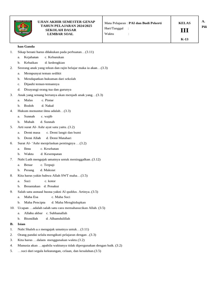 Soal PTS Genap Kelas 2 | PDF