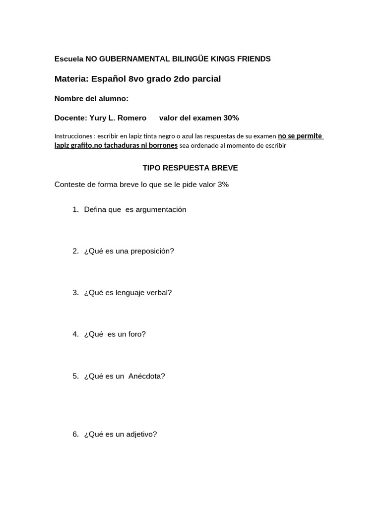 Examen de Español 8vo Grado | PDF