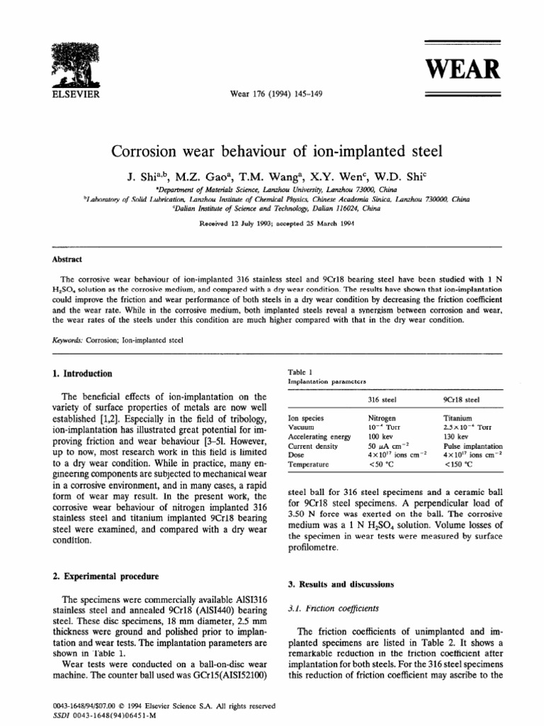 Corrosion Wear Behaviour of Ion-Implanted Steel | PDF | Wear | Ion ...