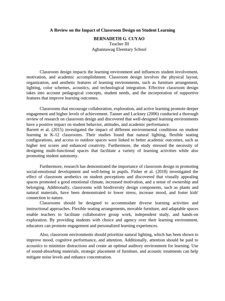 A Review On The Impact of Classroom Design On Student Learning | PDF | Classroom | Learning