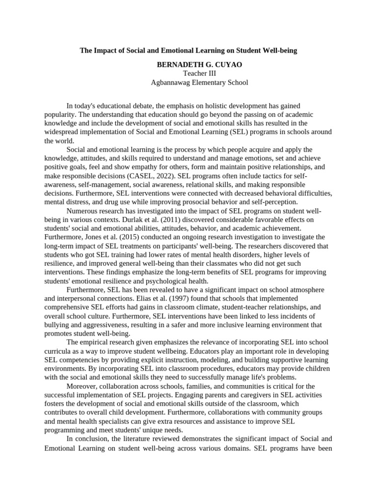 Impact of SEL on Student Well-being | PDF | Mental Health | Psychology