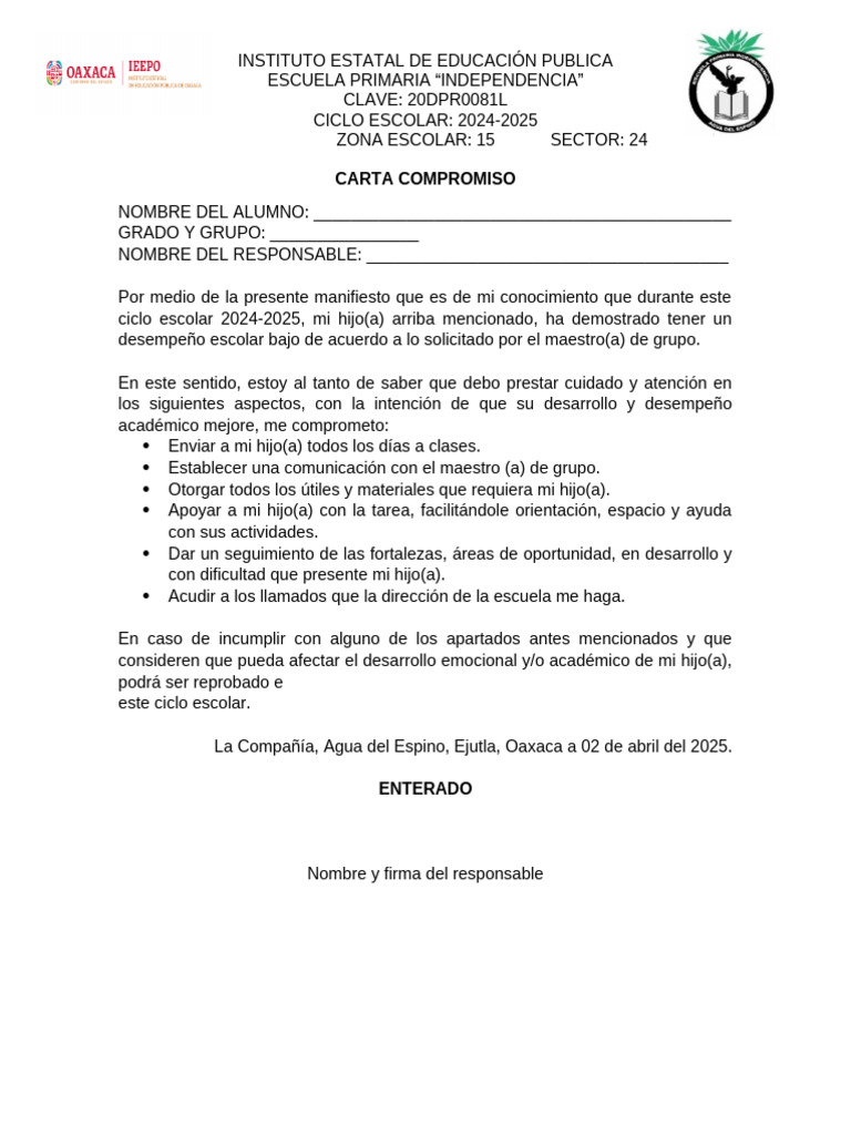Carta Compromiso Escolar 2024-2025 | PDF