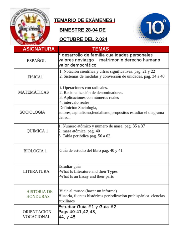 10° Temario de Exámenes I Bimestre 2024 - 2025 | PDF
