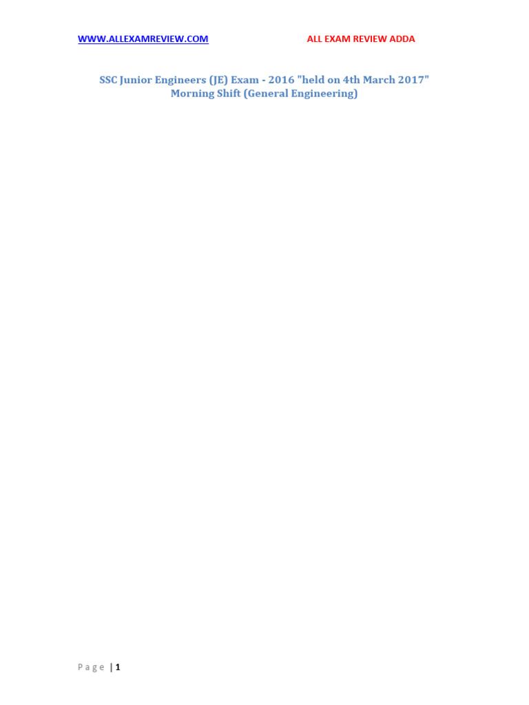 SSC Junior Engineers (JE) Exam - 2016 "Held On 4th March 2017" Morning Shift (General ...
