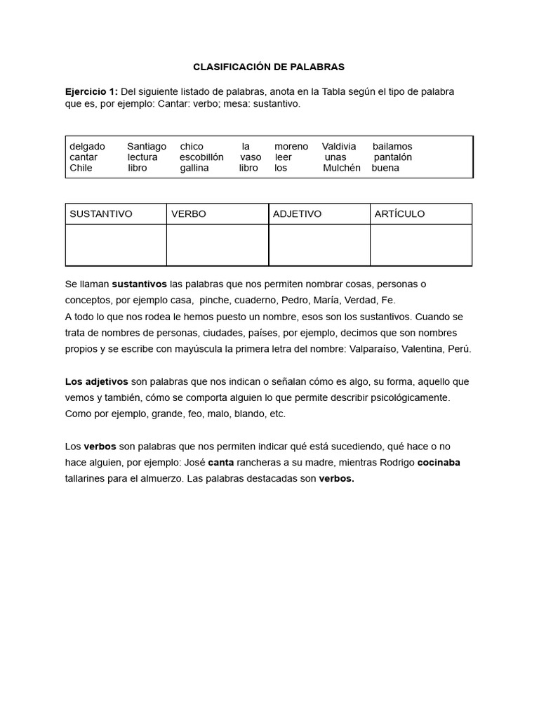 Clasificación de Palabras: Ejercicios y Definiciones | PDF