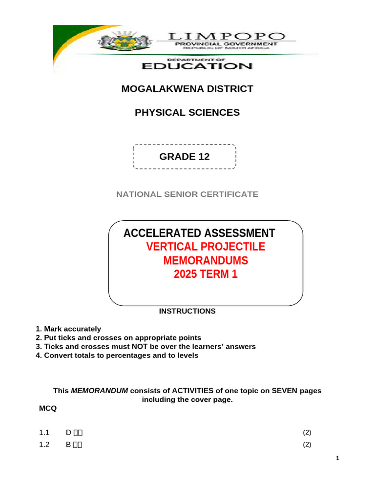 2025 TERM 1 VERTICAL PROJECTILE ACCELERATED ASSESSMENT MEMORANDUM | PDF