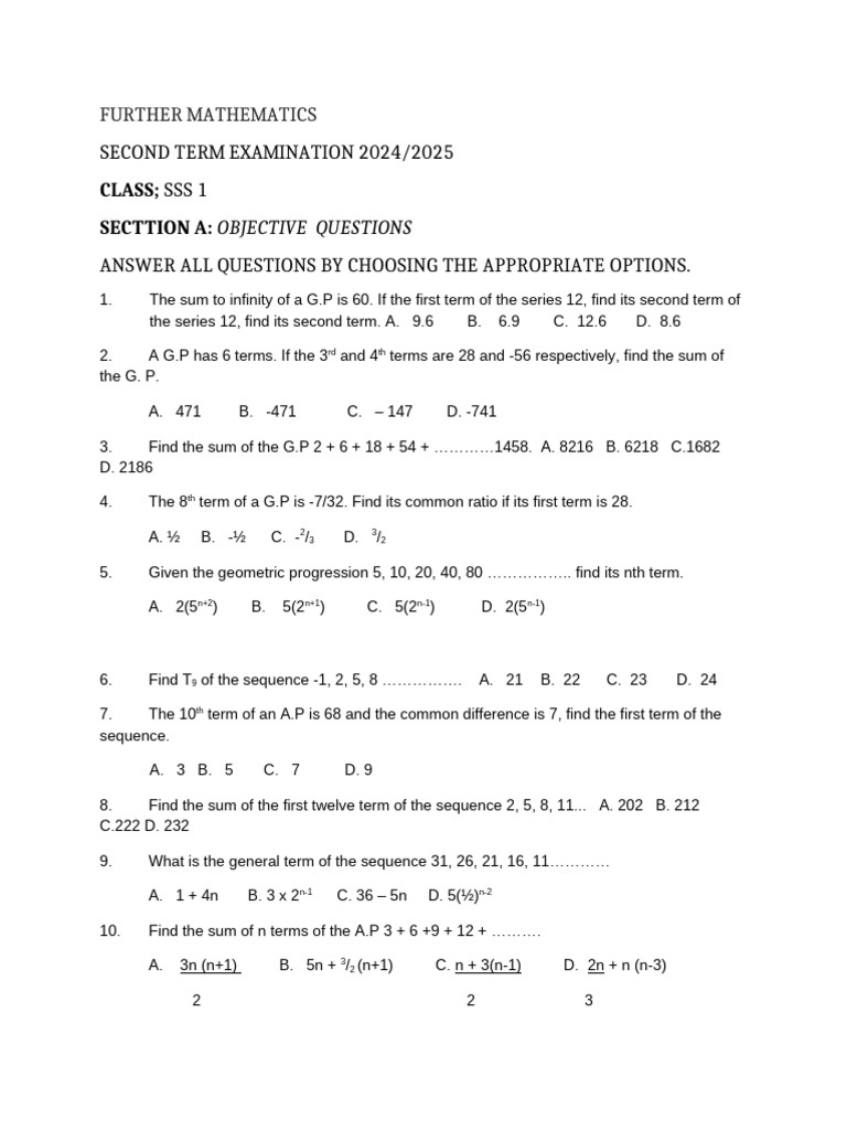 SSS 1 Further Mathematics Exam 2024/25 | PDF | Mathematics