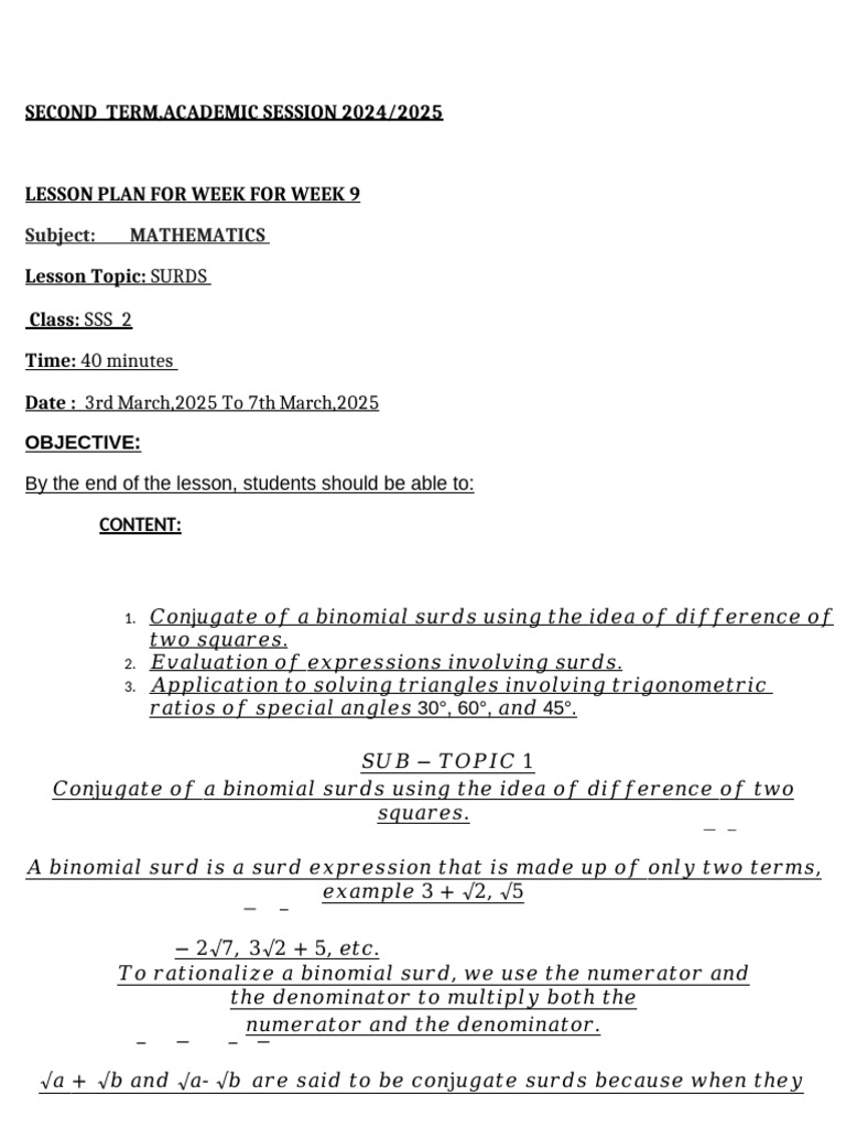Math Week 9 SSS 2 2ND Term | PDF | Mathematics