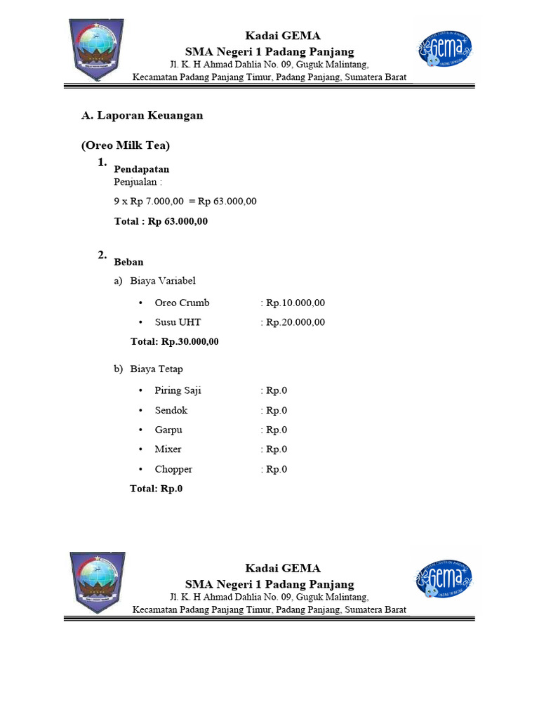 Laporan Keuangan Kuliner Day 2 Kadai GEMA | PDF