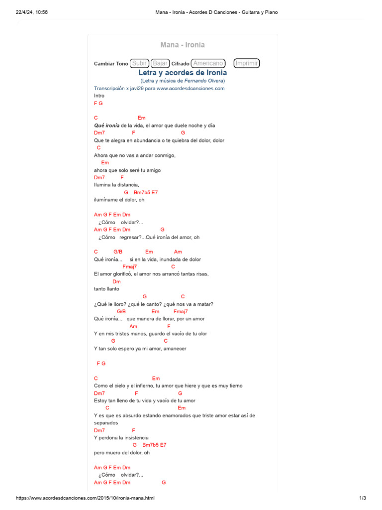 Mana - Ironia - Acordes D Canciones - Guitarra y Piano | PDF