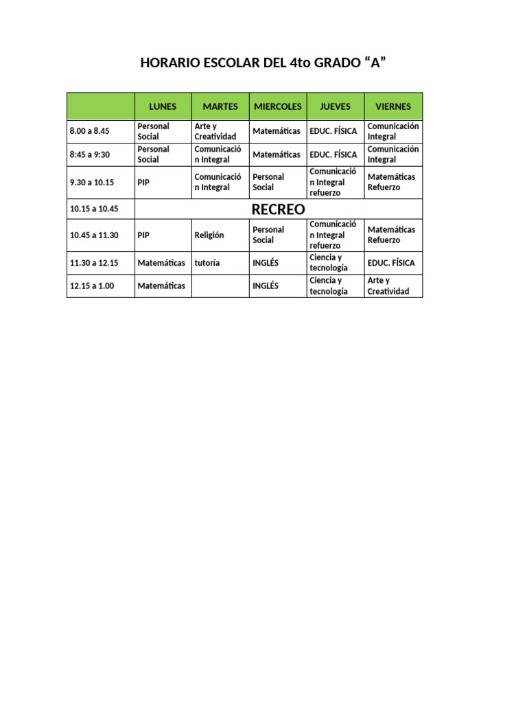 HORARIO ESCOLAR DEL 4to GRADO | PDF