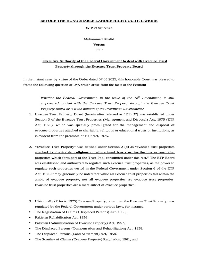 Status of Evacuee Property (Muhammad Khalid Vs FOP) - 2 | PDF | Treaty | Government