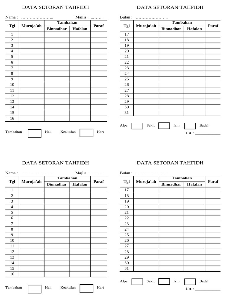 DATA SETORAN TAHFIDH @ LEMBAR | PDF