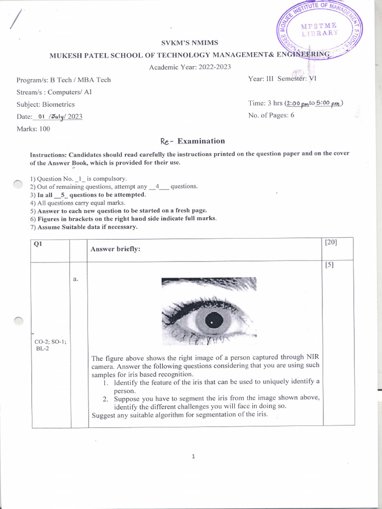 Biometrics Sem-VI Year 2022-23 Re Exam Td7gUWcWc7 | PDF