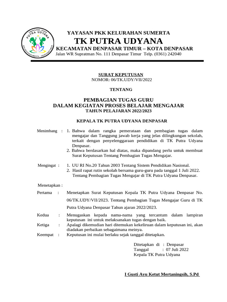 SK Pembagian Tugas Guru TK Putra Udyana | PDF